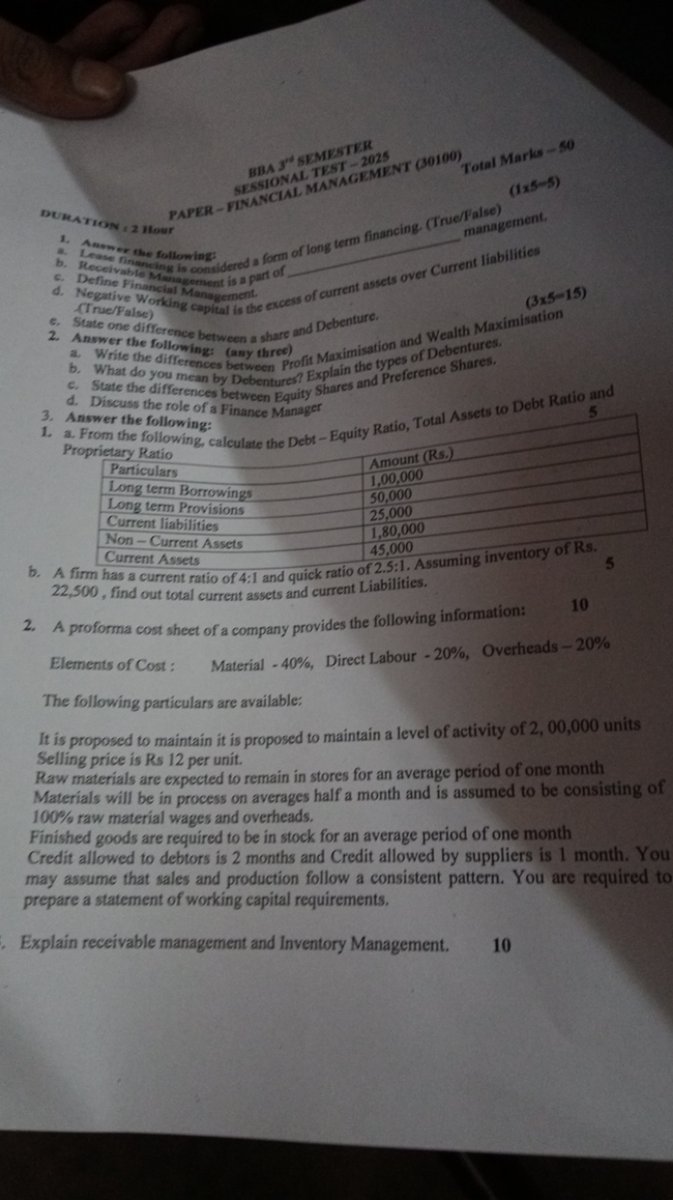 BBA 3rd SEMESTER SESSIONAL TEST - 2025 PAPER - FINANCIAL MANAGEMENT (3010..
