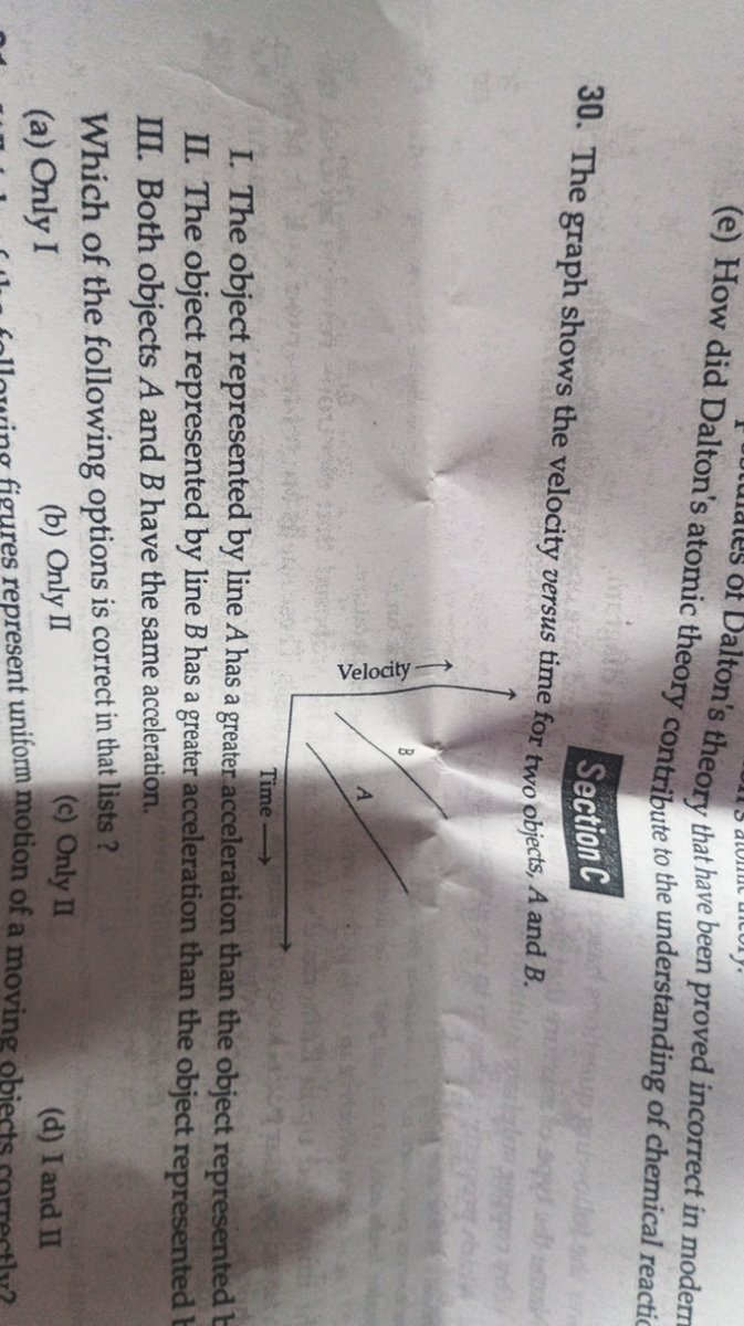 The graph shows the velocity versus time for two objects, A and B. Veloc..