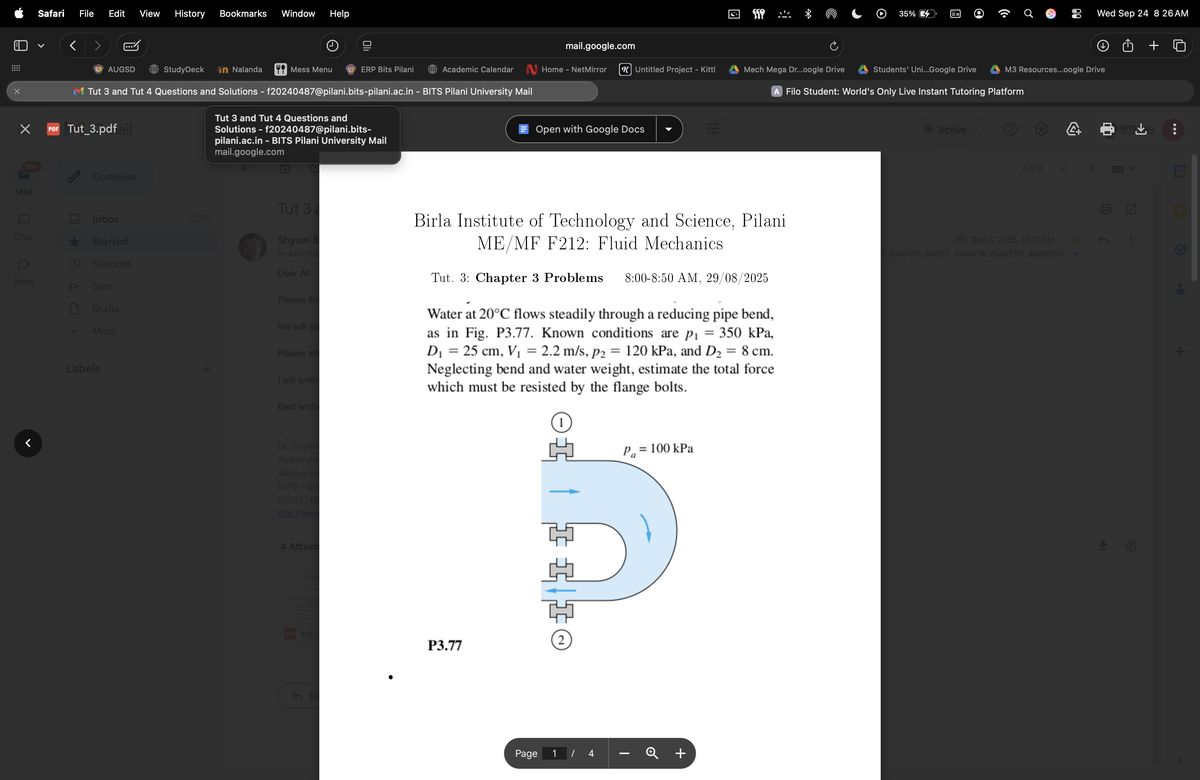 Water at 20°C flows steadily through a reducing pipe bend, as in Fig. P3...