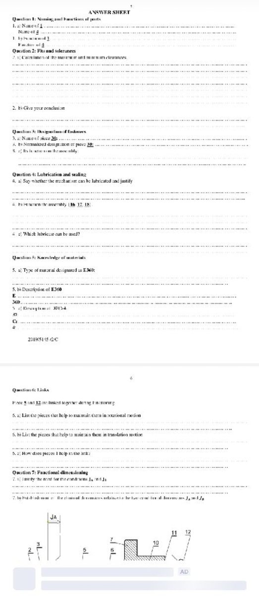 ANSWER SHEET Question 1: Naming and Functions of parts a) Name of 1 Name..