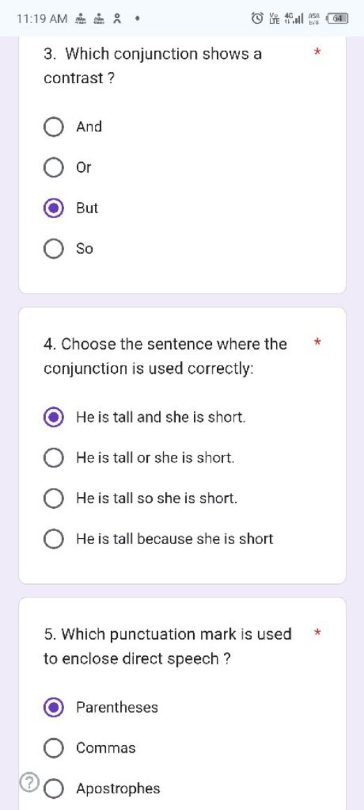 Which conjunction shows a contrast? And Or But So Choose the sentence w..