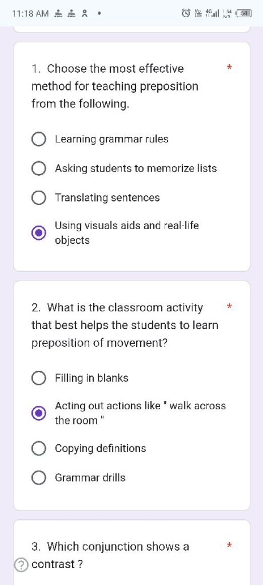 Choose the most effective method for teaching preposition from the follow..