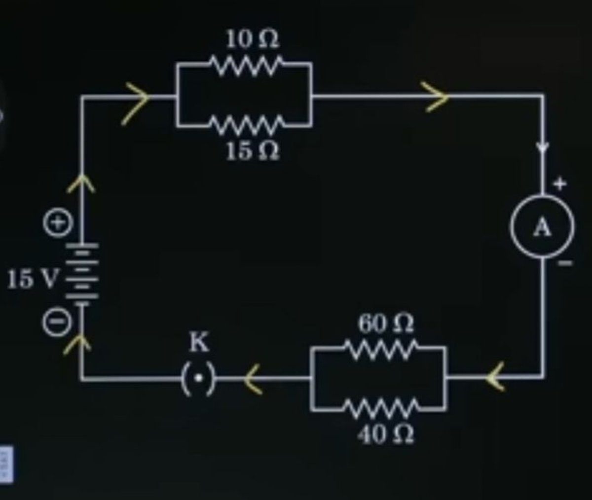 The image shows an electrical circuit diagram with a 15V battery, an amme..