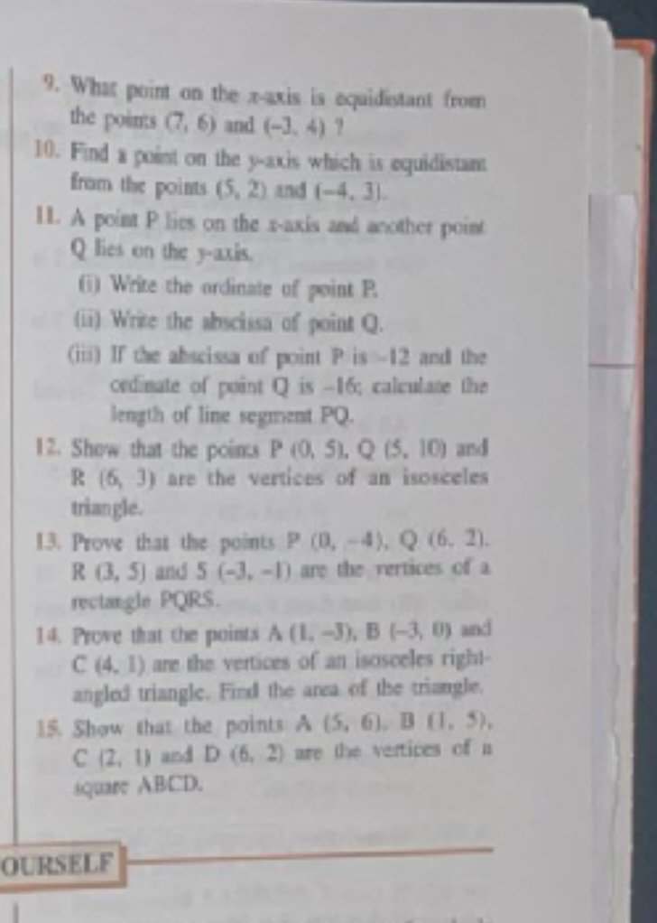 What point on the x-axis is equidistant from the points (7, 6) and (-3, 4..