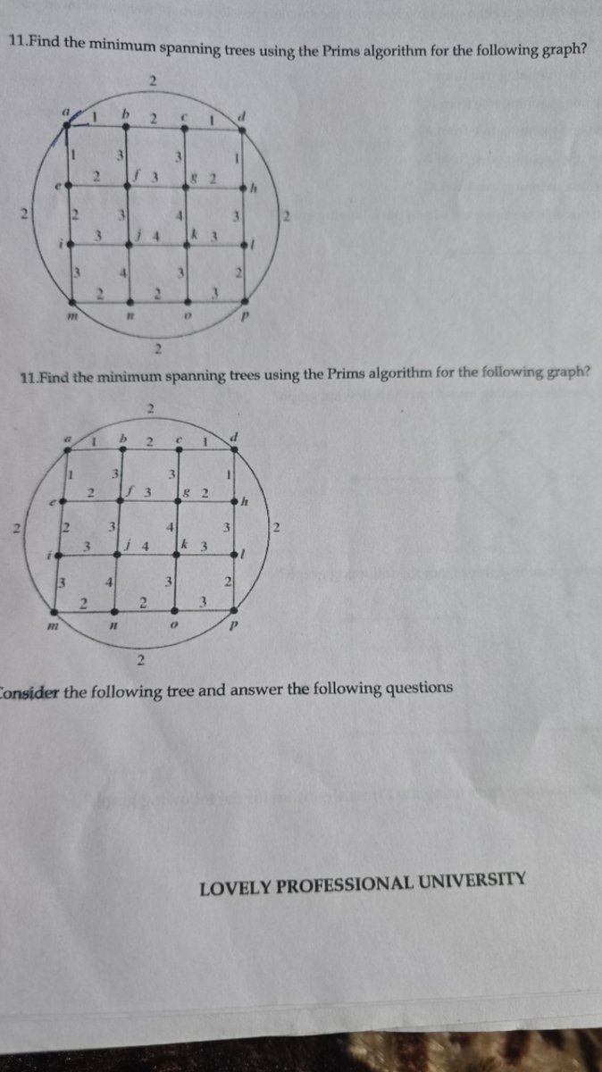 Find the minimum spanning trees using Prim's algorithm for the following