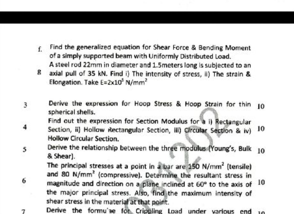 f. Find the generalized equation for Shear Force & Bending Moment of a si..