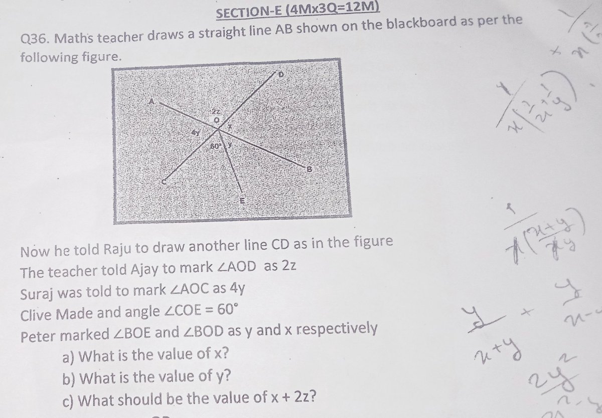 SECTION-E (4Mx3Q=12M) Q36. Maths teacher draws a straight line AB shown o..