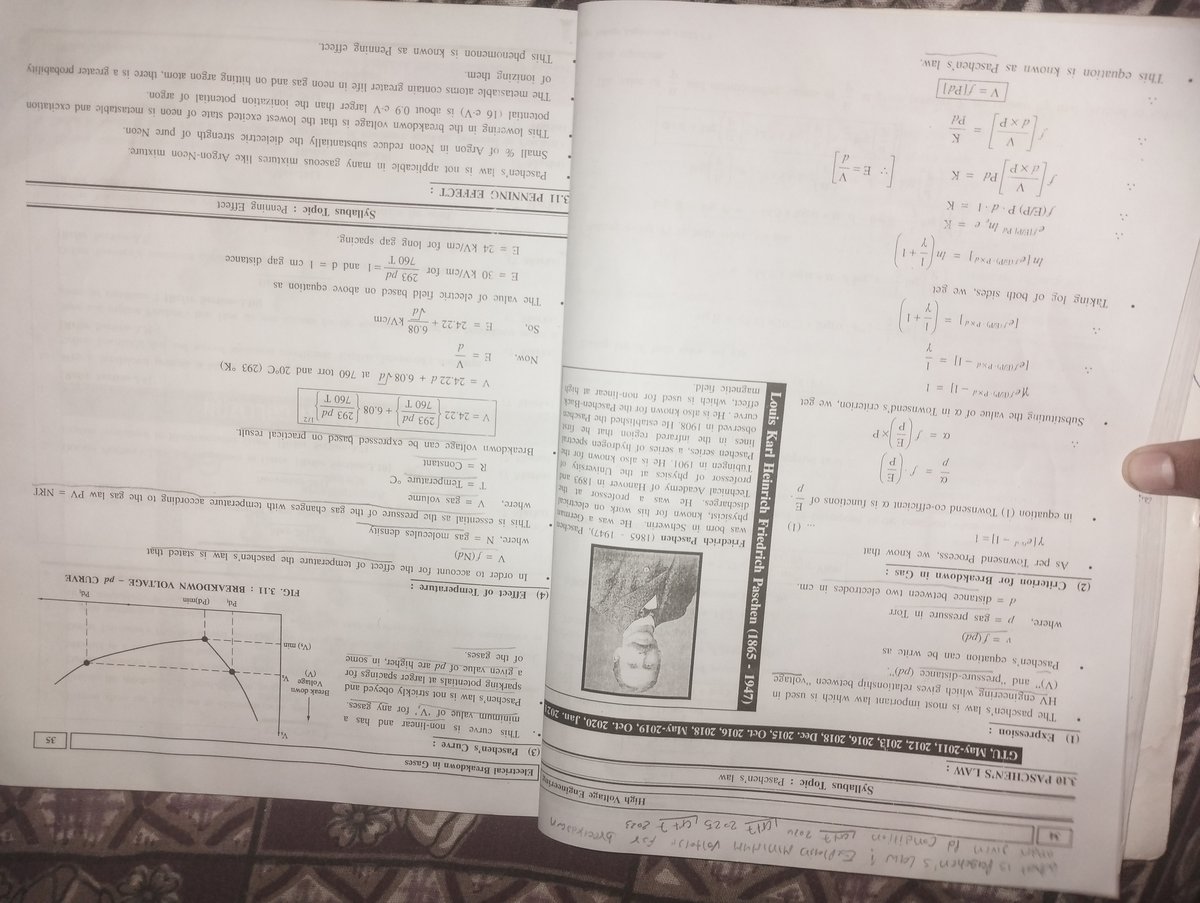 What is Paschen's Law? Explain minimum voltage for breakdown when given p..