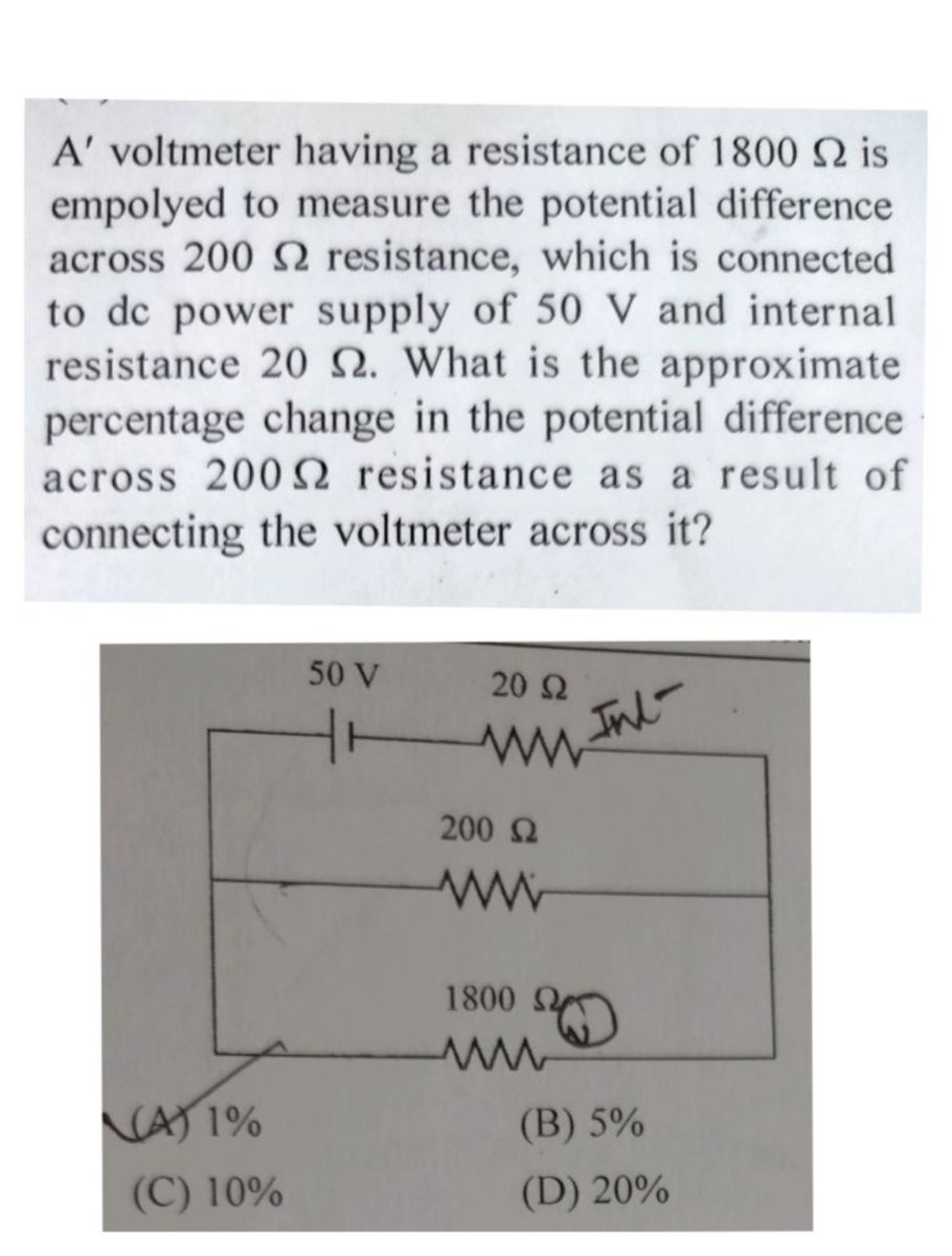 \mathrm { A } ^ { \prime } voltmeter having a resistance of 1800 \Omega i..