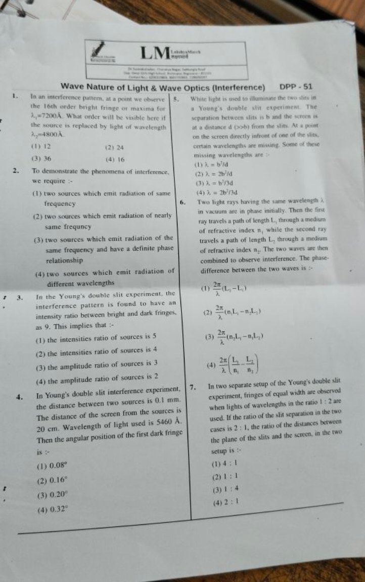Here are multiple questions related to Wave Nature of Light & Wave Optics..
