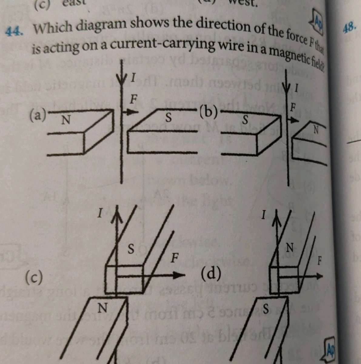 Which diagram shows the direction of the force F that is acting on a curr..
