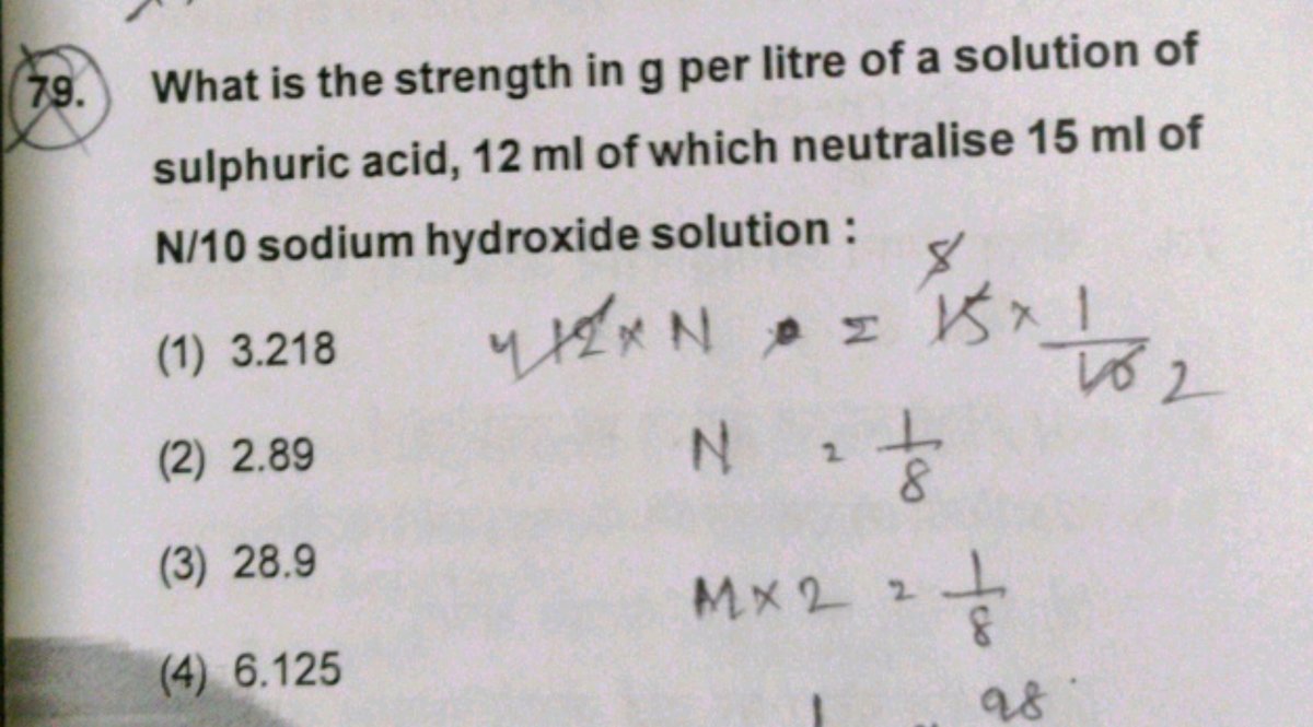 What is the strength in g per litre of a solution of sulphuric acid, 12 m..