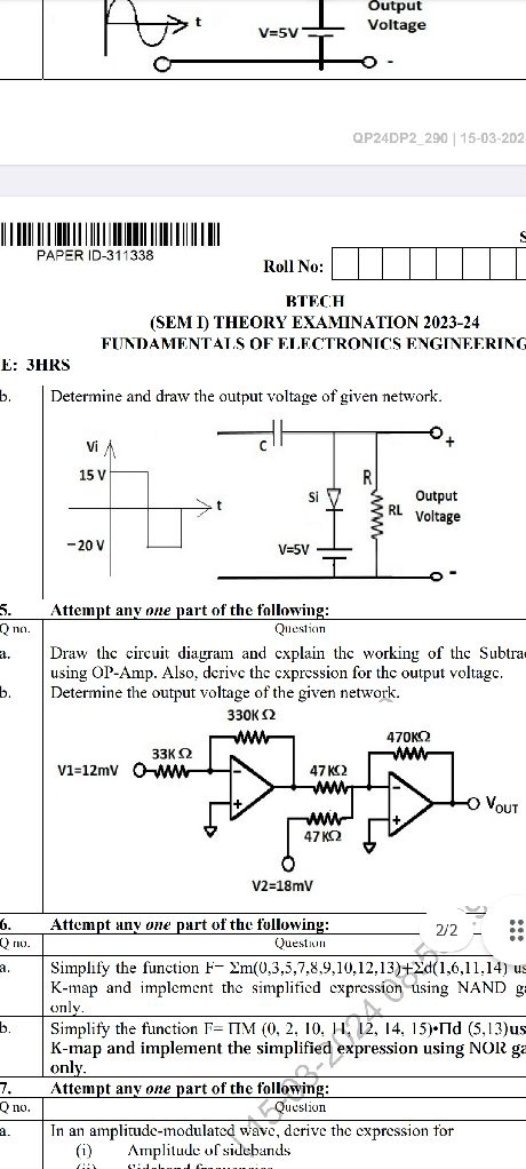 Determine and draw the output voltage of given network. (Image of a circ..