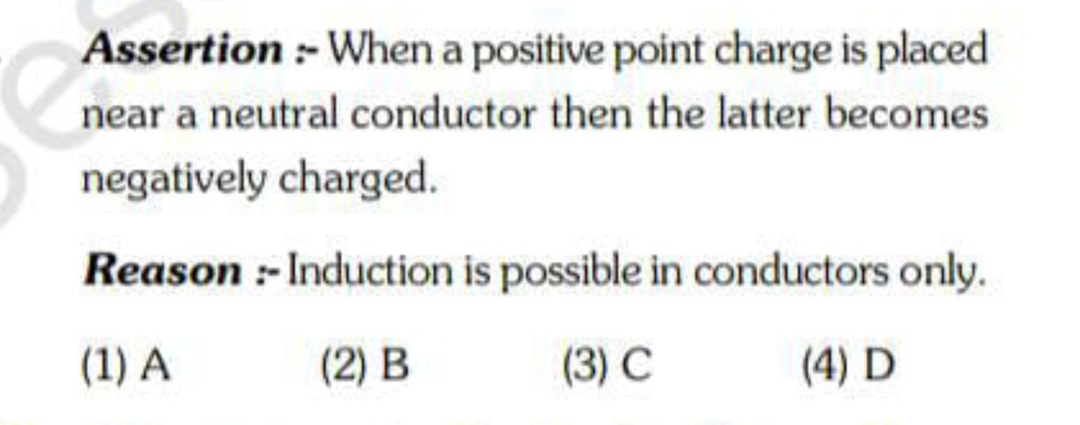 Assertion :- When a positive point charge is placed near a neutral conduc..