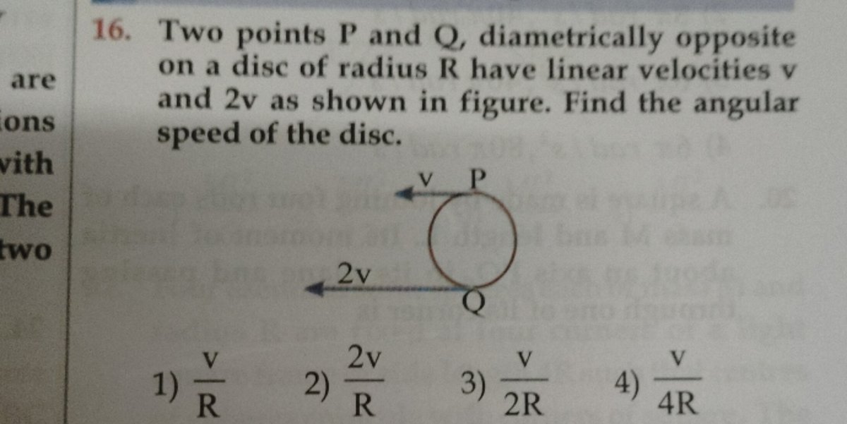 Two points P and Q, diametrically opposite on a disc of radius R have lin..