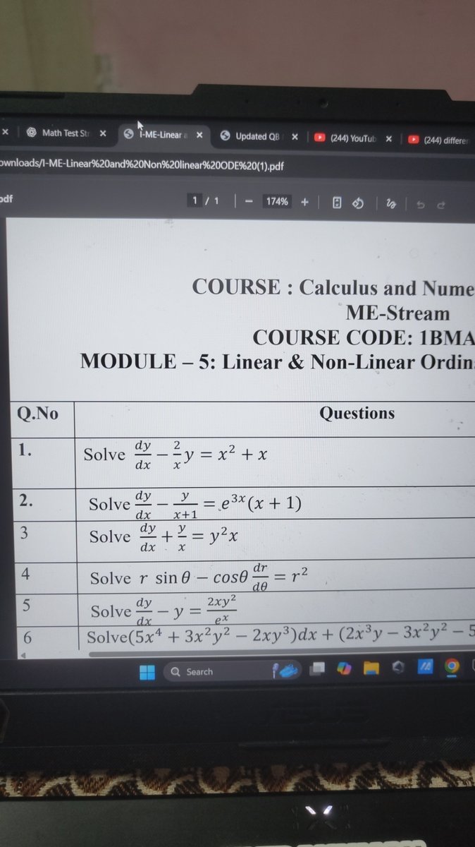 Solve the following differential equations: \frac{dy}{dx} - \frac{2}{x}y..
