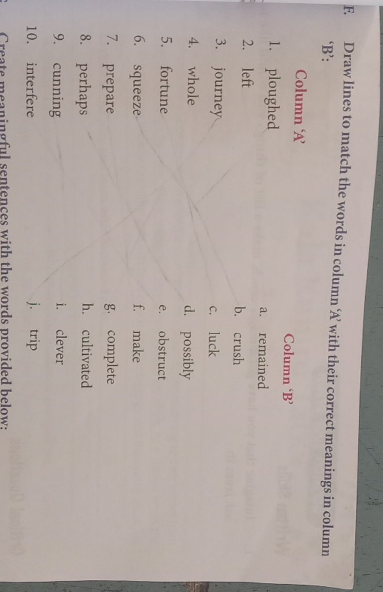 Draw lines to match the words in column 'A' with their correct meanings i..