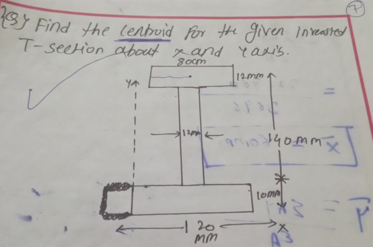 Find the centroid for the given inverted T-section about x and y axis...