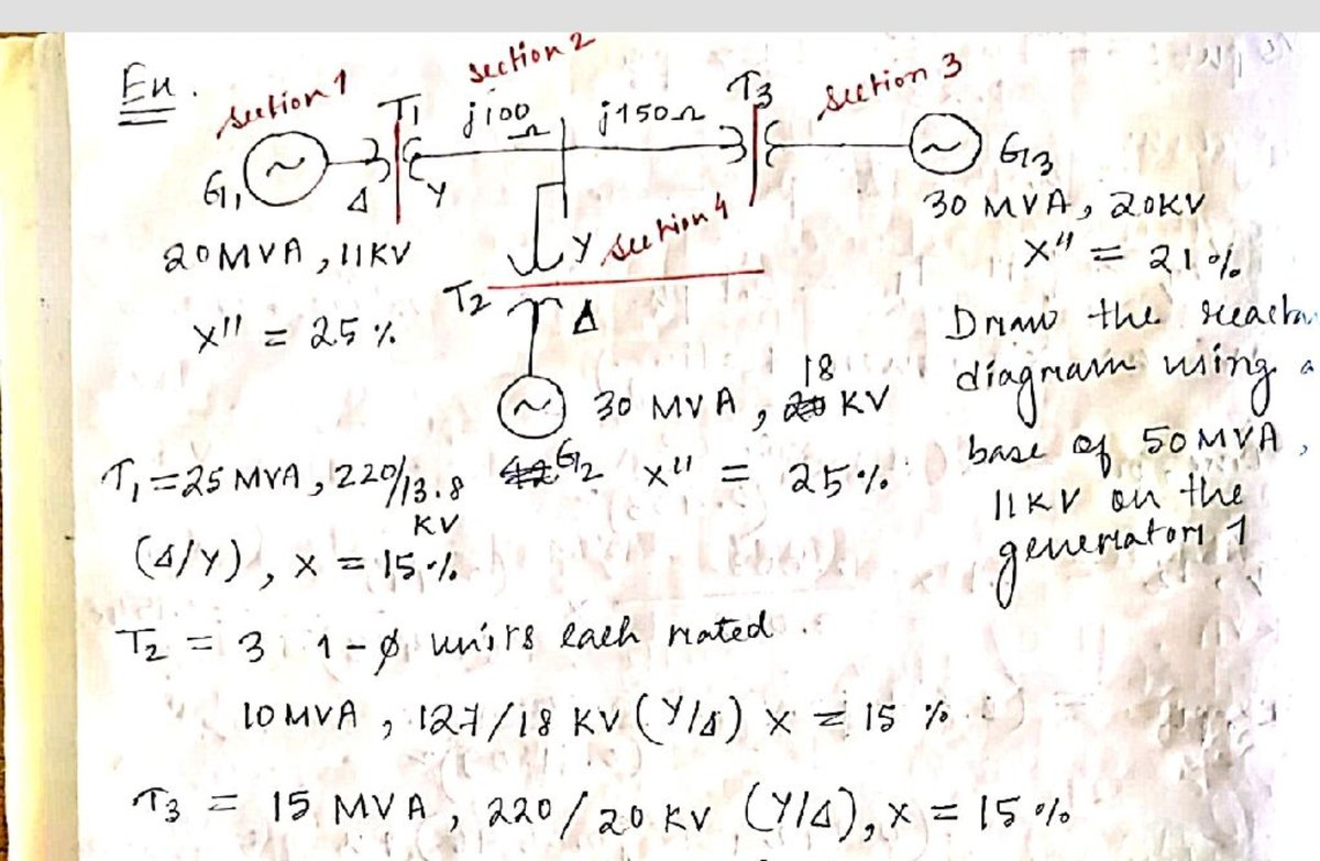 Draw the reactance diagram using a base of 50 MVA, 11 KV on the generator..