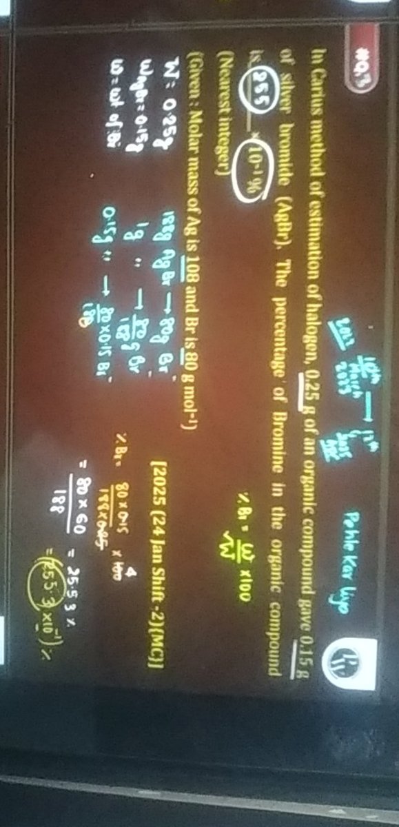 In Carius method of estimation of halogen, 0.25 g of an organic compound