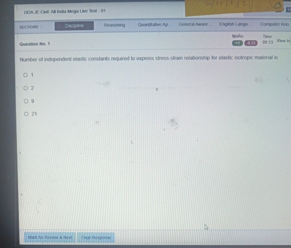 Number of independent elastic constants required to express stress-strain..