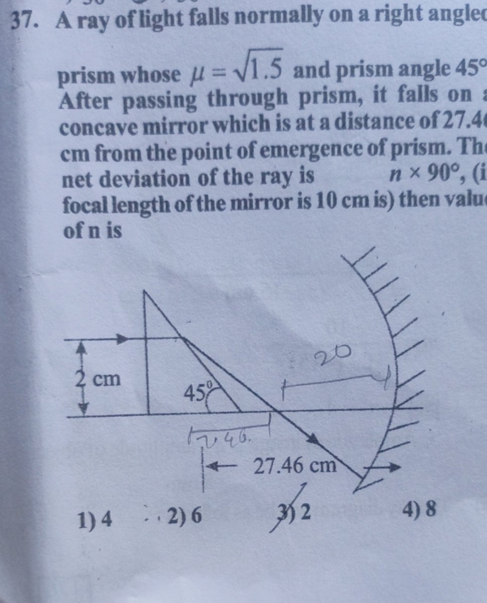 A ray of light falls normally on a right-angled prism whose refractive in..