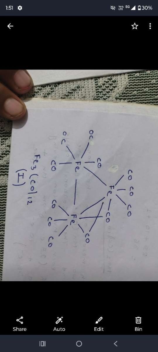 The image shows a handwritten diagram of the molecular structure of Fe₃(C..