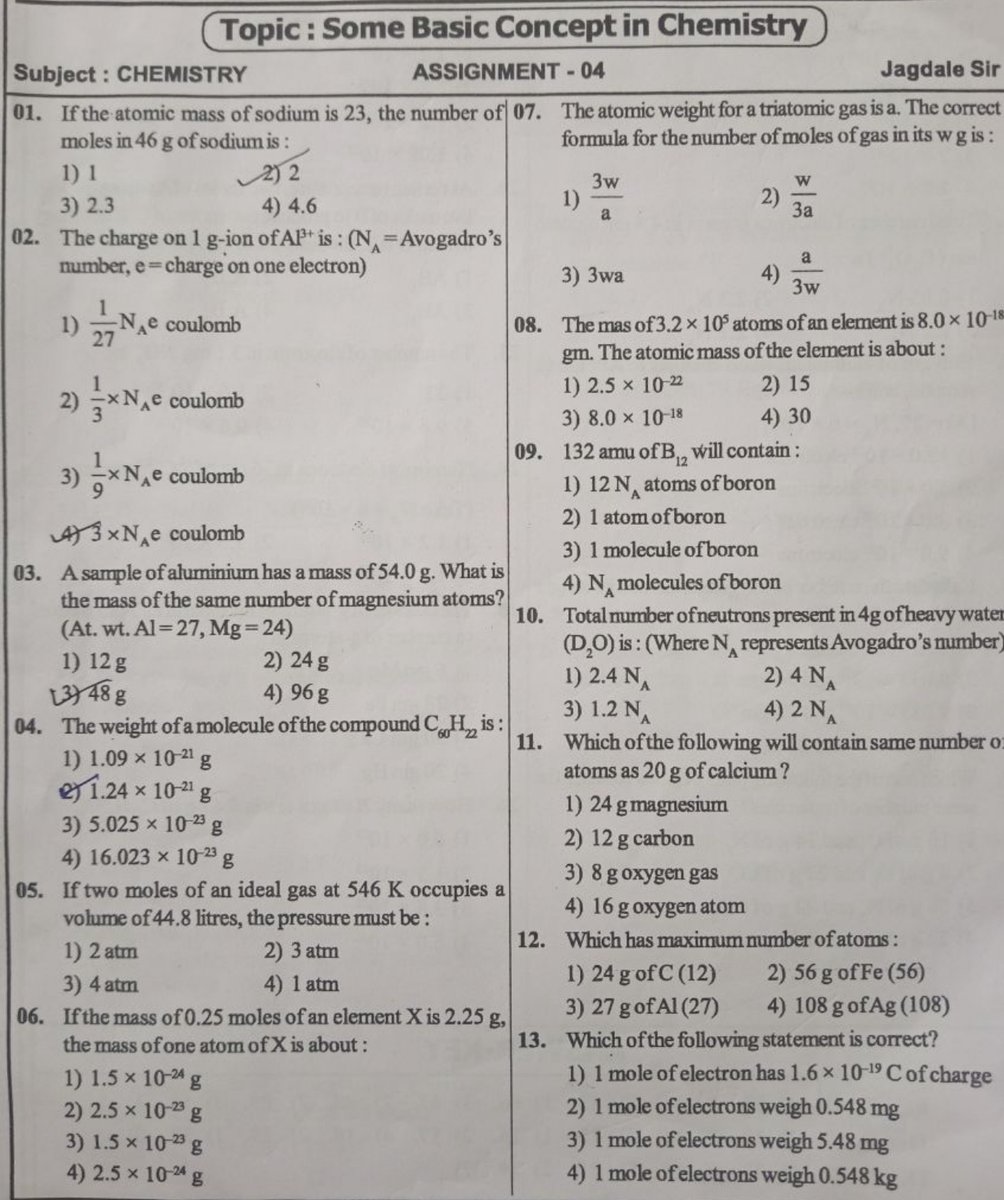 Multiple-choice questions on mole concept, atomic mass, and related topic..