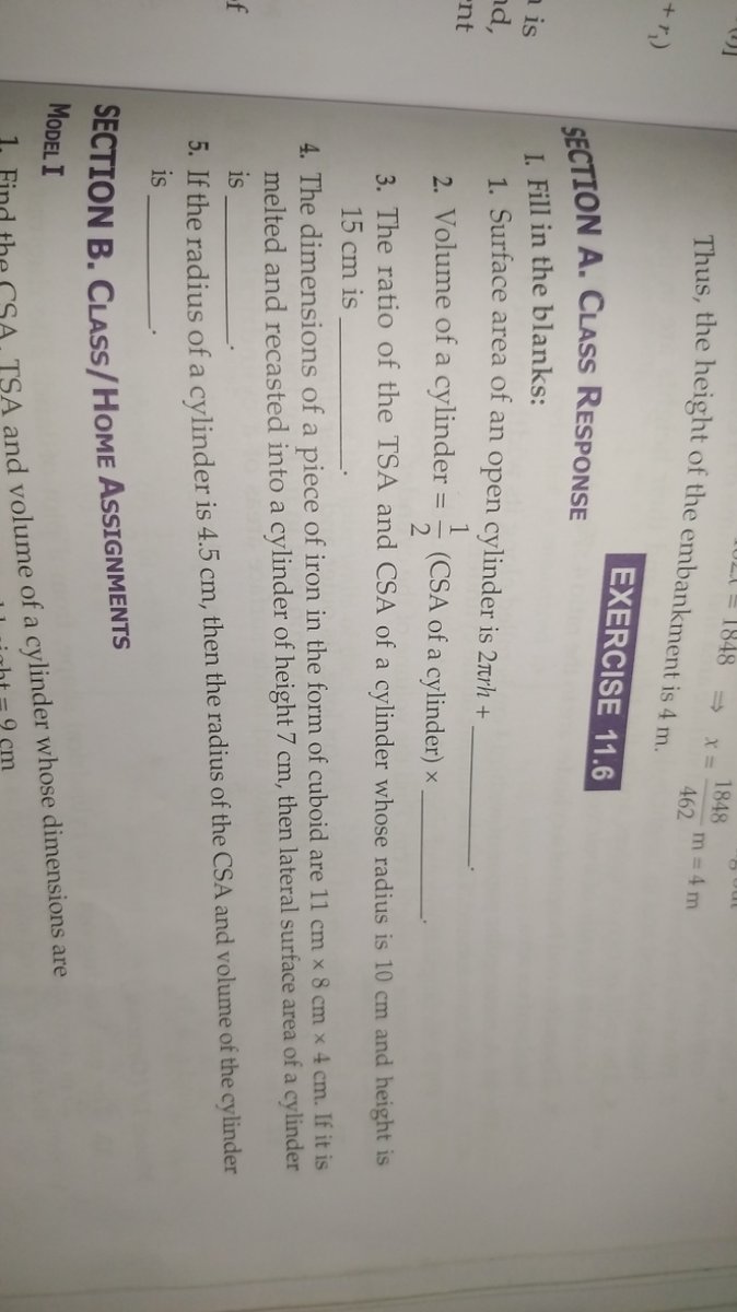 SECTION A. CLASS RESPONSE EXERCISE 11.6 I. Fill in the blanks: Surface a..