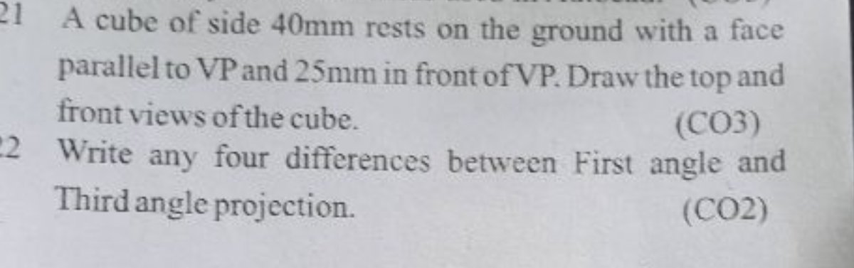 A cube of side 40mm rests on the ground with a face parallel to VP and 25..