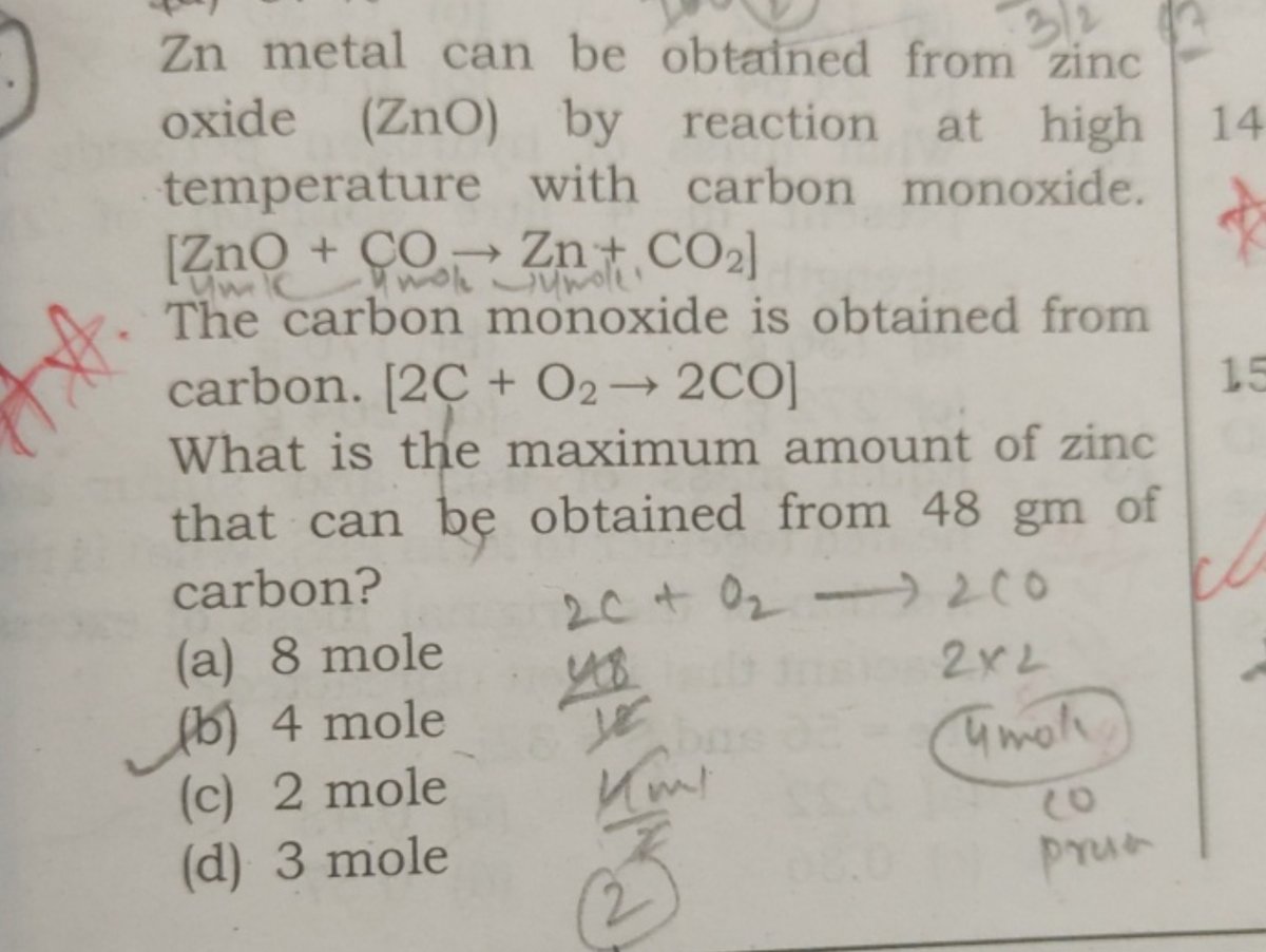 Zn metal can be obtained from zinc oxide (ZnO) by reaction at high temper..
