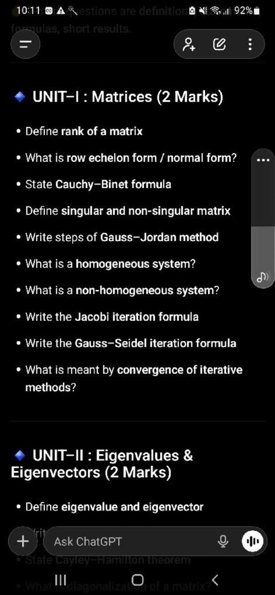 UNIT-I: Matrices (2 Marks) Define rank of a matrix What is row echelon f..