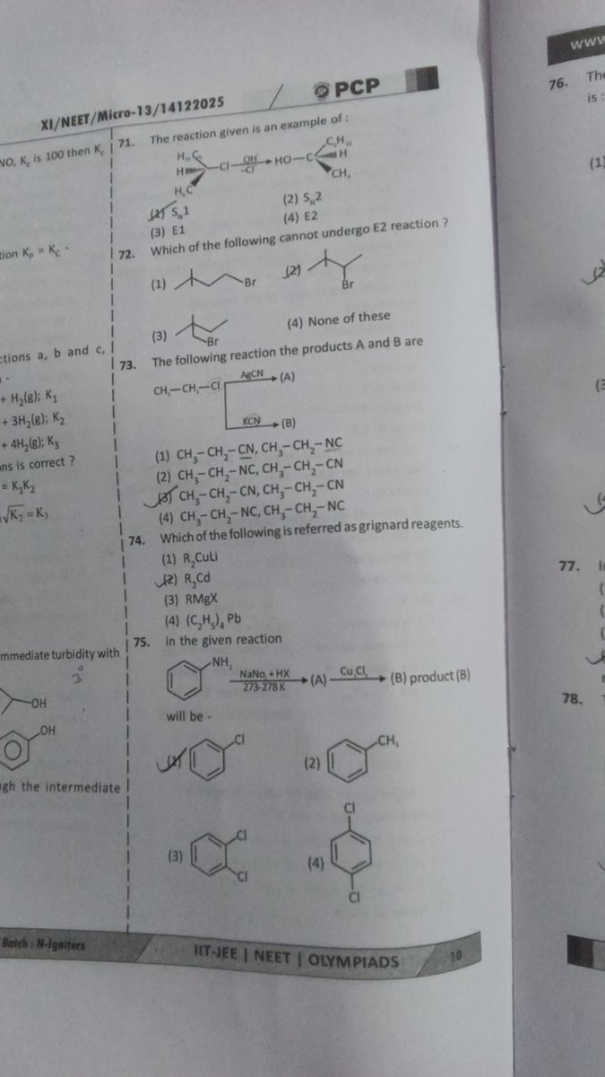 The reaction given is an example of: H₃C \ C — Cl → HO — C — C₂H..