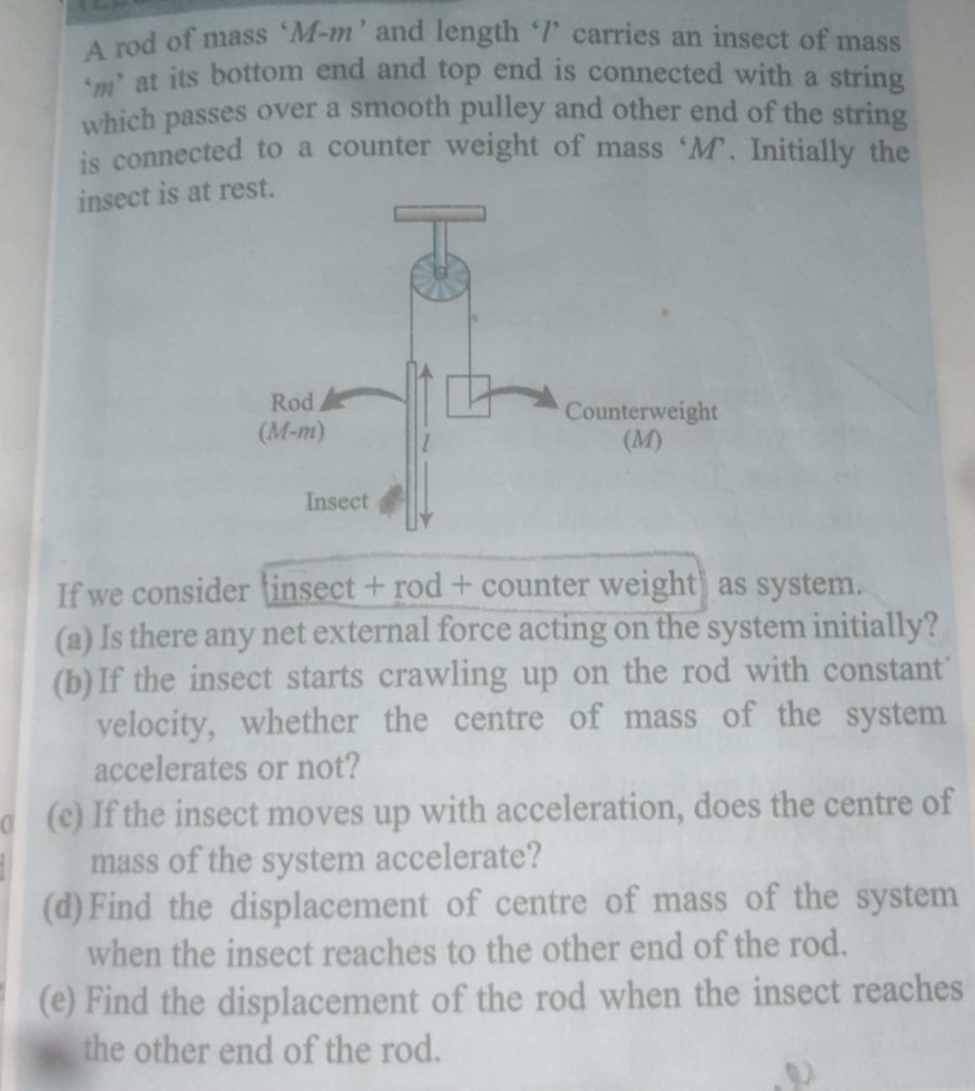 A rod of mass ' M - m ' and length ' l ' carries an insect of mass ' m