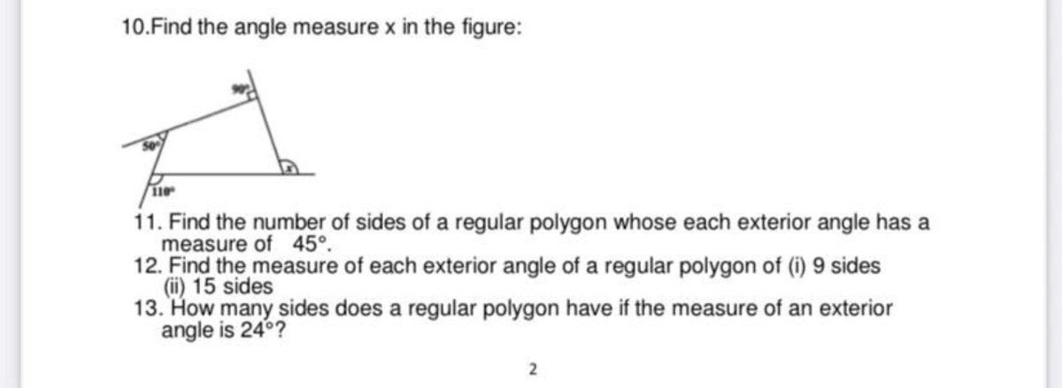 Find the angle measure x in the figure: [Diagram of a triangle with angl..