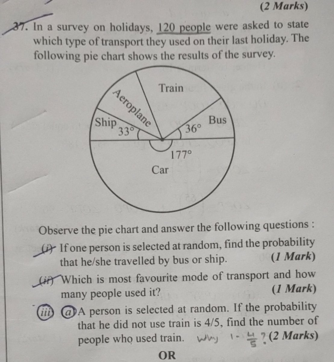 In a survey on holidays, 120 people were asked to state which type of tra..