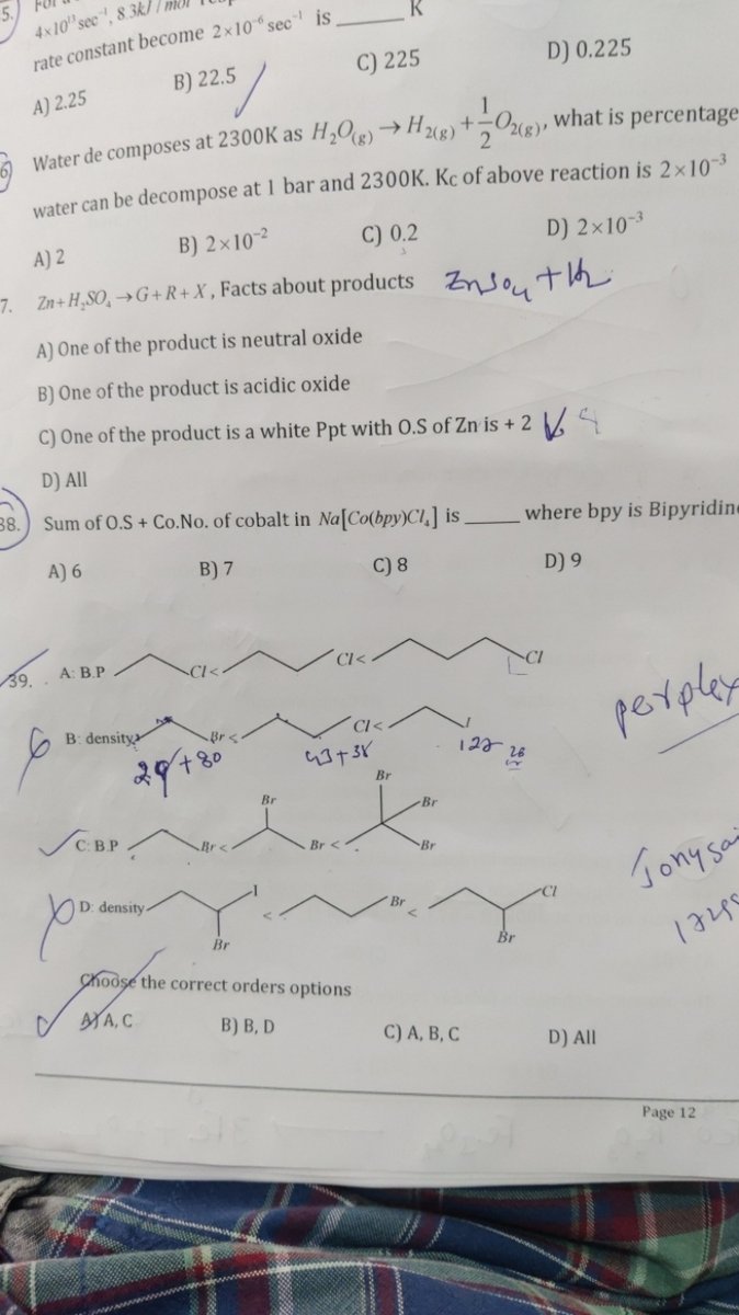 Here are multiple questions from a chemistry exam: Question 36: Water de..