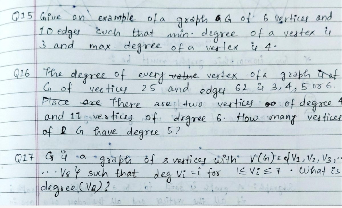 Q15. Give an example of a graph G of 6 vertices and 10 edges such that mi..