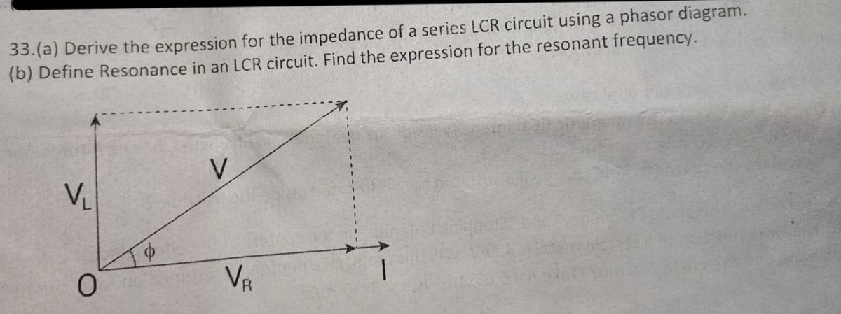 33.(a) Derive the expression for the impedance of a series LCR circuit us..