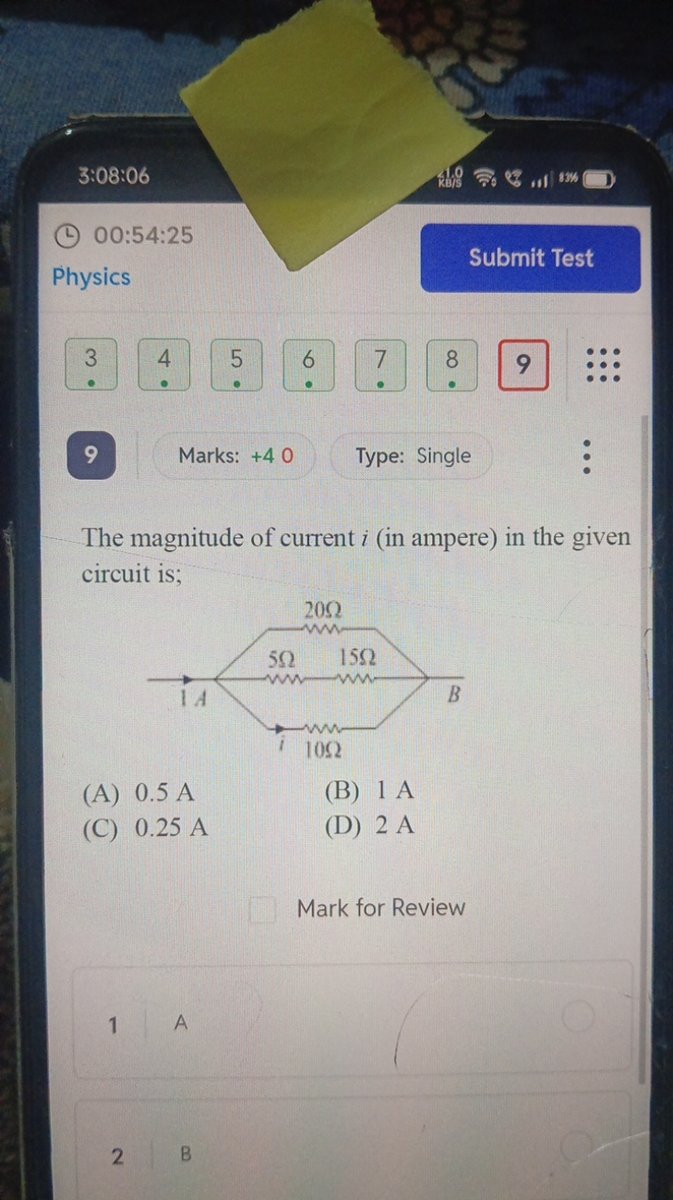 The magnitude of current i (in ampere) in the given circuit is: (A) 0.5