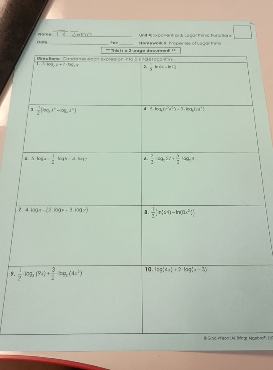 Directions: Condense each expression into a single logarithm. 3 \cdot \l..