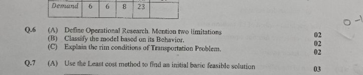 Q.6 (A) Define Operational Research. Mention two limitations. (B) Classif..