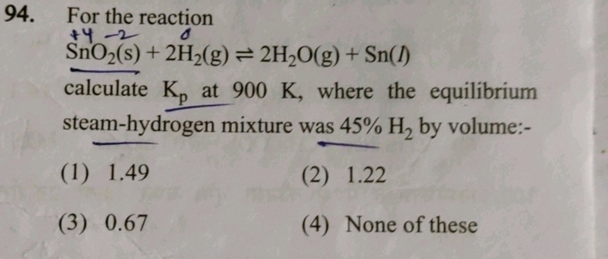 For the reaction \stackrel { + 4 } { \mathrm { SnO } _ { 2 } ( \mathrm {s..