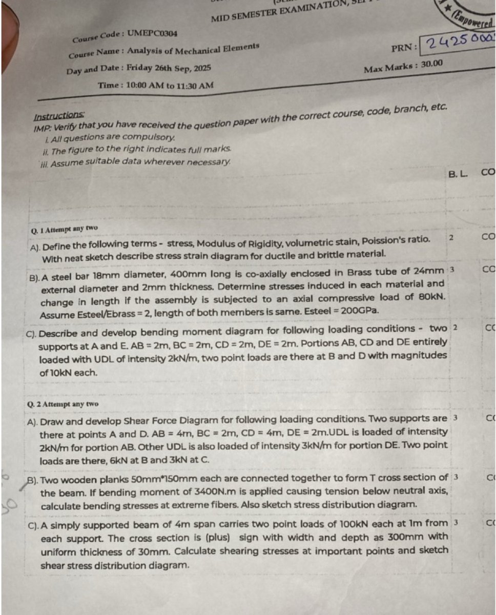 MID SEMESTER EXAMINATION Course Code: UMEPC0304 Course Name: Analysis of..