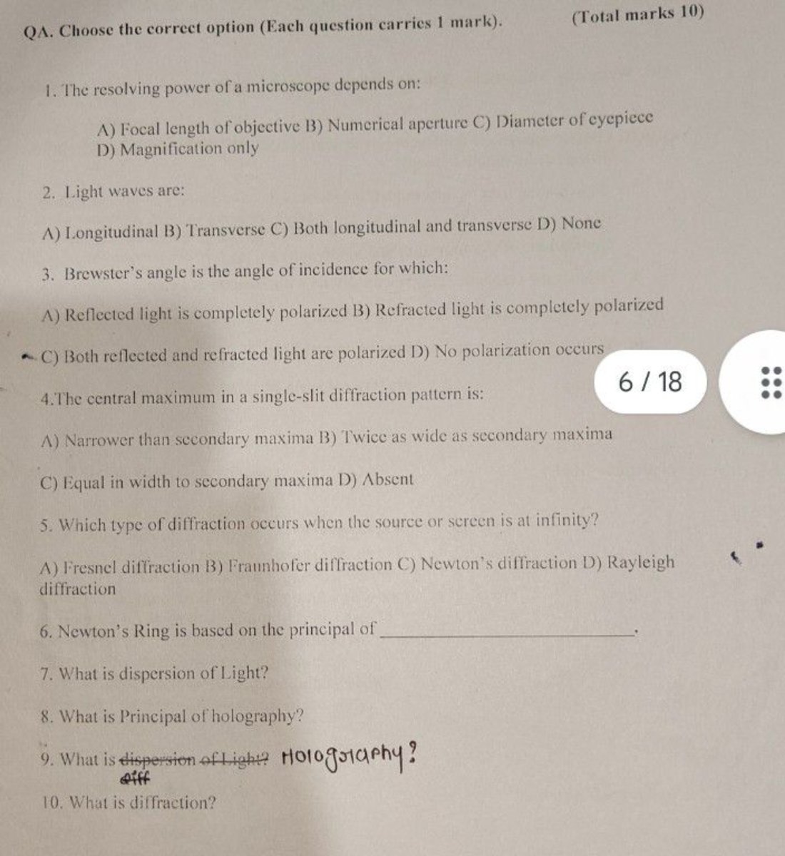QA. Choose the correct option (Each question carries 1 mark). (Total mark..