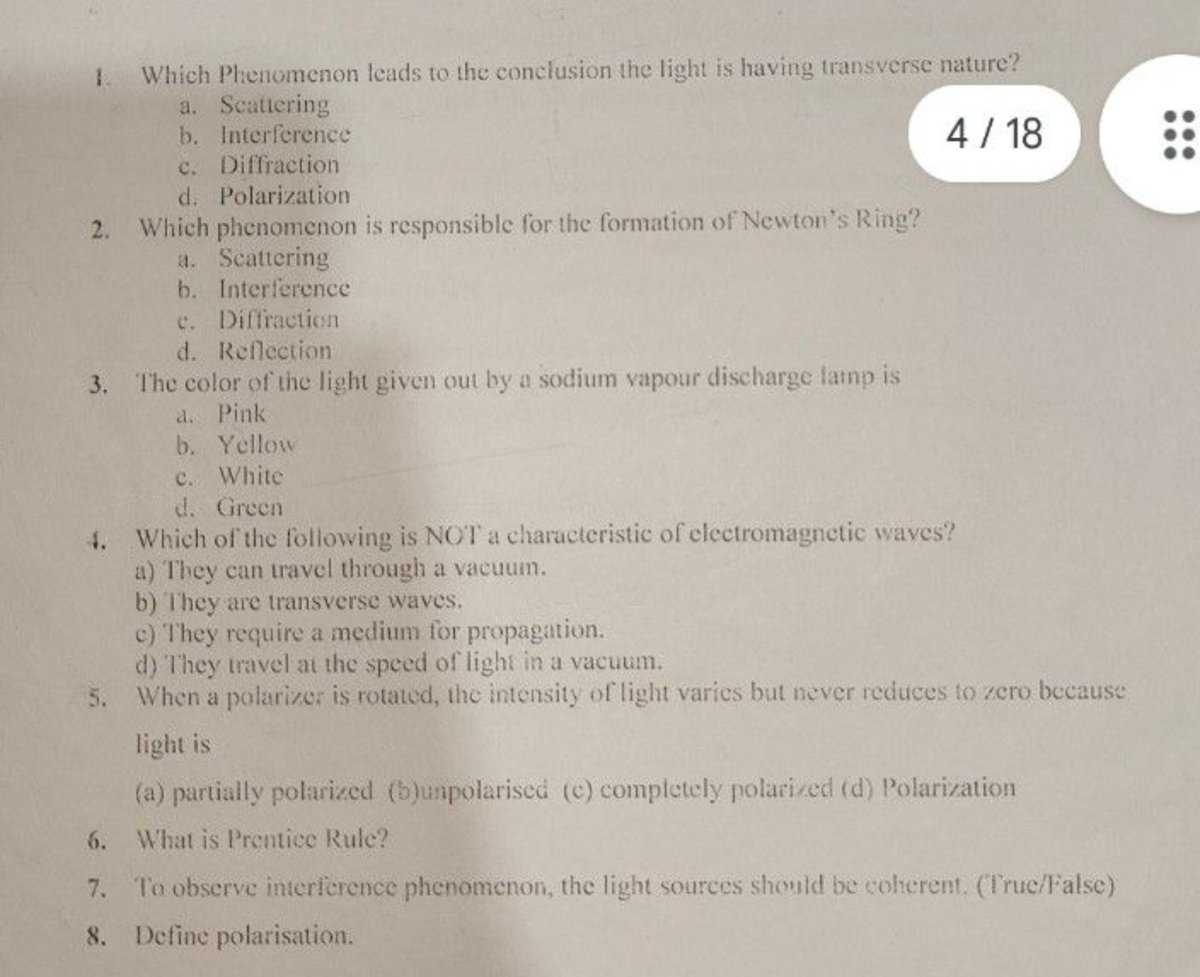 Which Phenomenon leads to the conclusion the light is having transverse n..