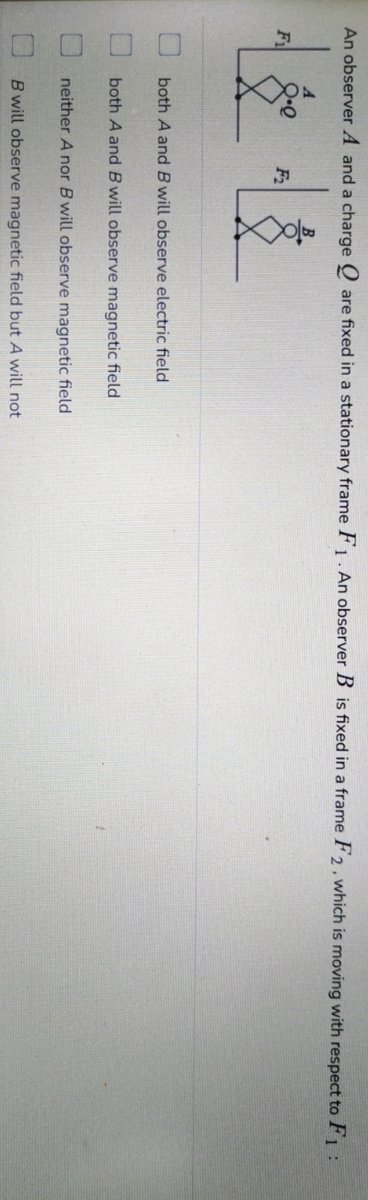 An observer A and a charge Q are fixed in a stationary frame F _ { 1 }. A..