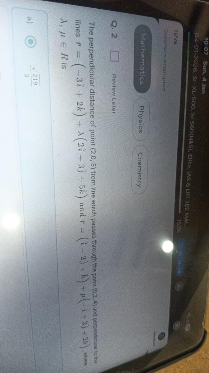 The perpendicular distance of point (2,0,-3) from line which passes throu..
