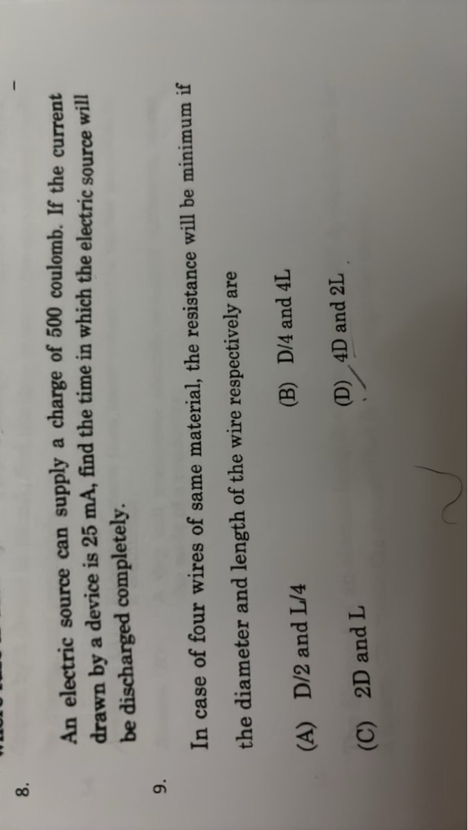 An electric source can supply a charge of 500 coulomb. If the current dra..