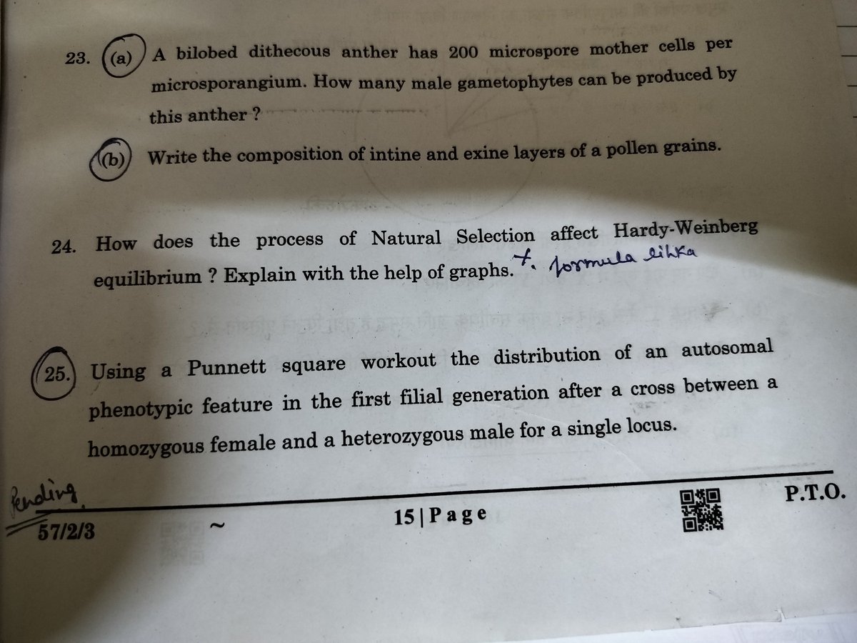 Question 23 A bilobed dithecous anther has 200 microspore mother cells pe..